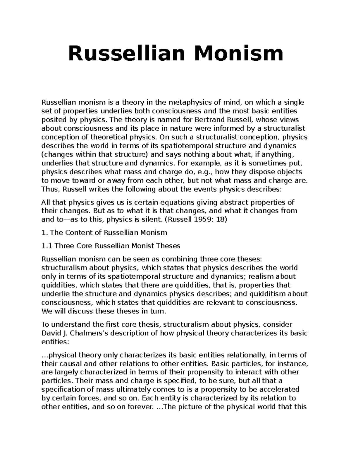 Lecture 9 Russellian Monism - Russellian Monism Russellian monism is a ...