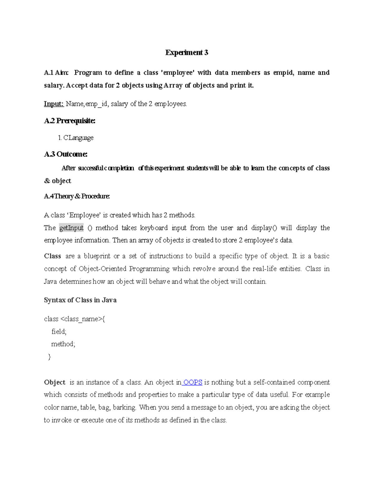 Experiment 3 Seaids Java Experiment 3 A Aim Program To Define A Class Employee With Data 