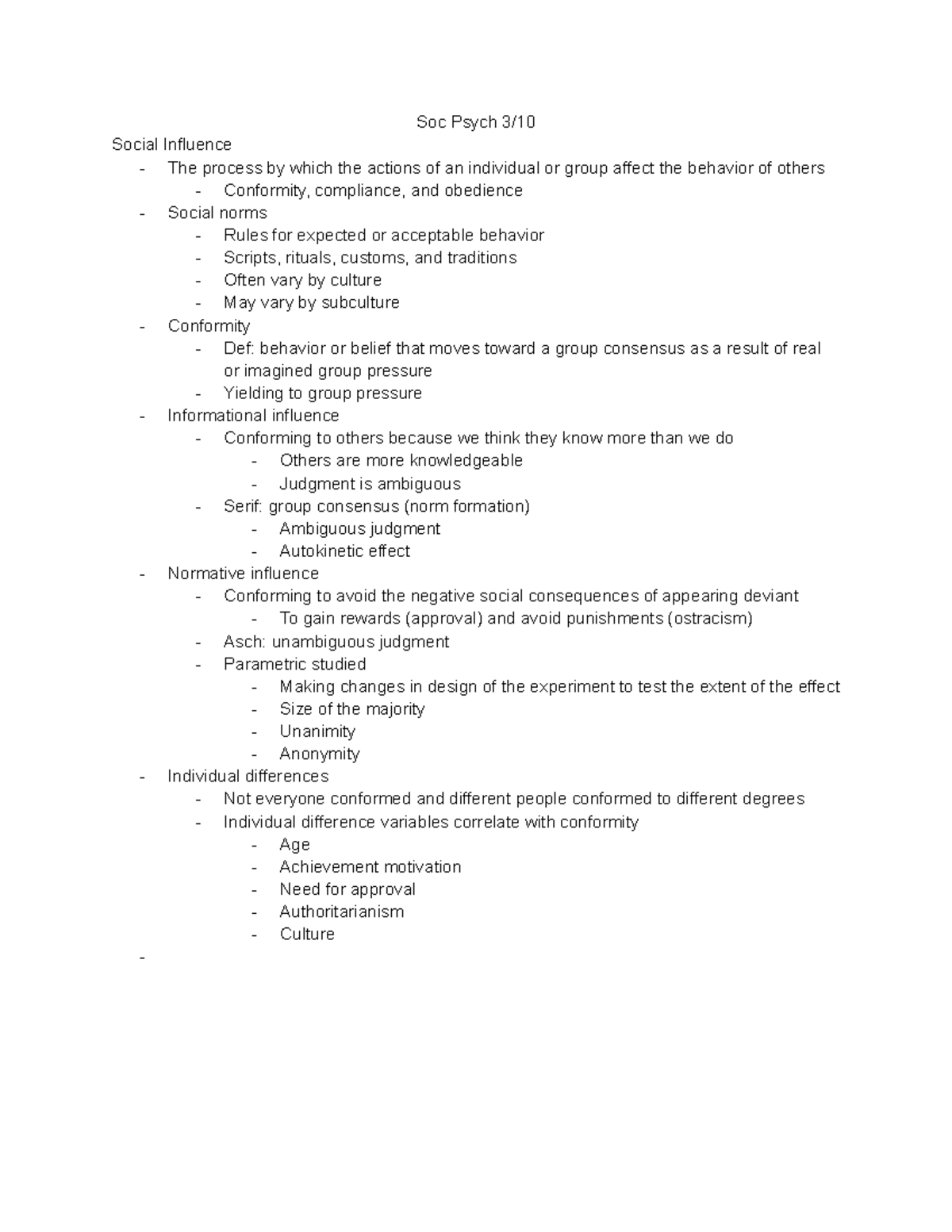 Social Psych 3/10 - Soc Psych 3/ Social Influence The process by which ...
