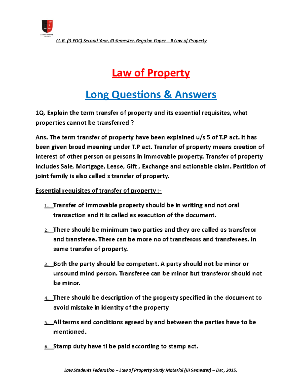 Law of Property Notes - LL. (3-YDC) Second Year, III Semester, Regular ...