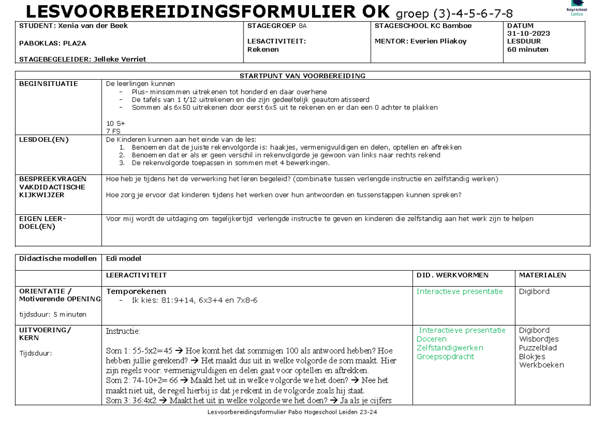 LVF 7 (31-10-2023) Rekenen - LESVOORBEREIDINGSFORMULIER OK groep (3)-4-5-6-7- STUDENT: Xenia van ...
