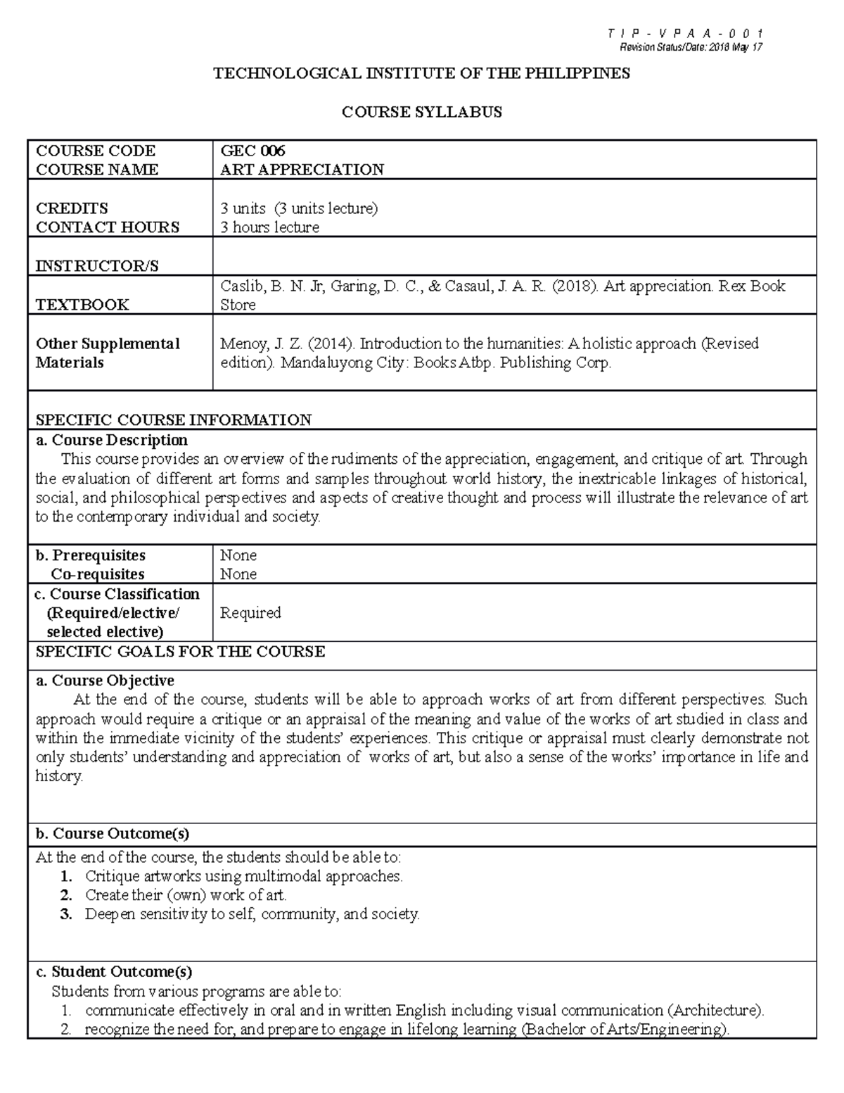 Revised GEC 006 Syllabus - TECHNOLOGICAL INSTITUTE OF THE PHILIPPINES COURSE SYLLABUS COURSE ...