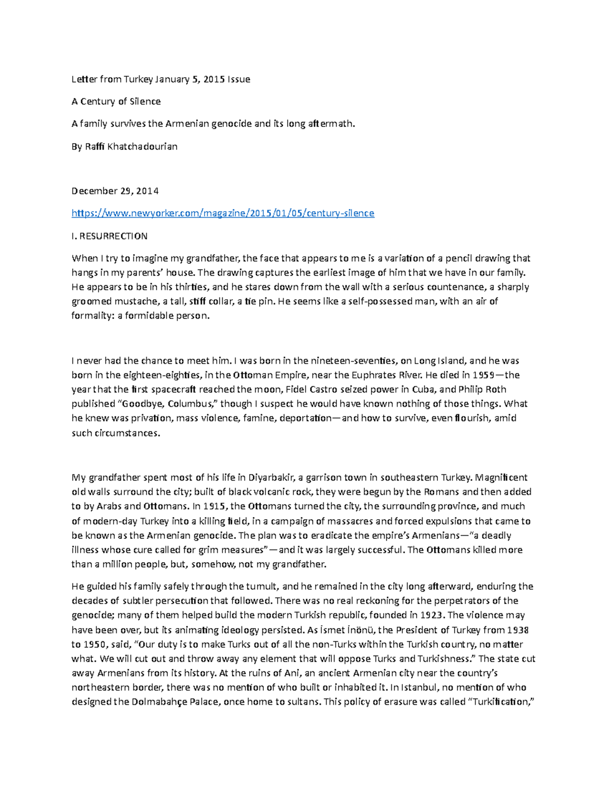 Century of Silence Armeninan Genocide - Letter from Turkey January 5 ...