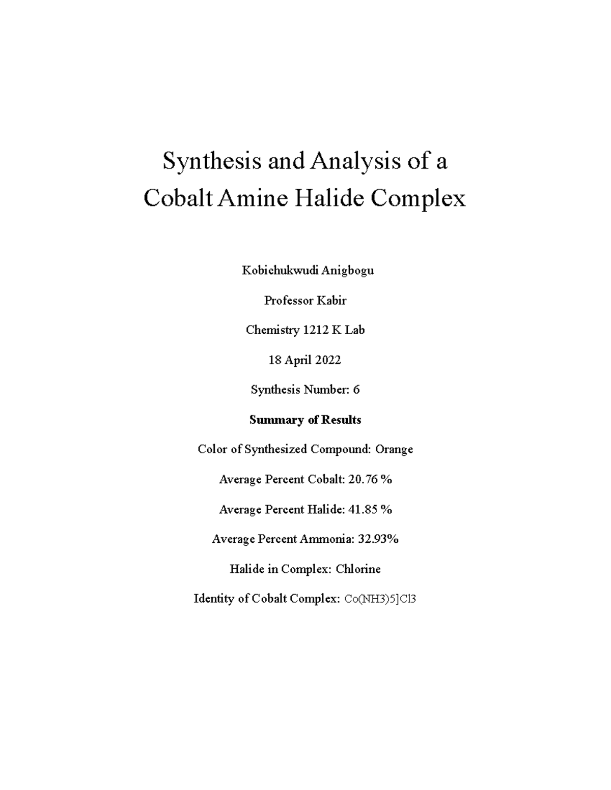 Untitled document - lab report - Synthesis and Analysis of a Cobalt ...