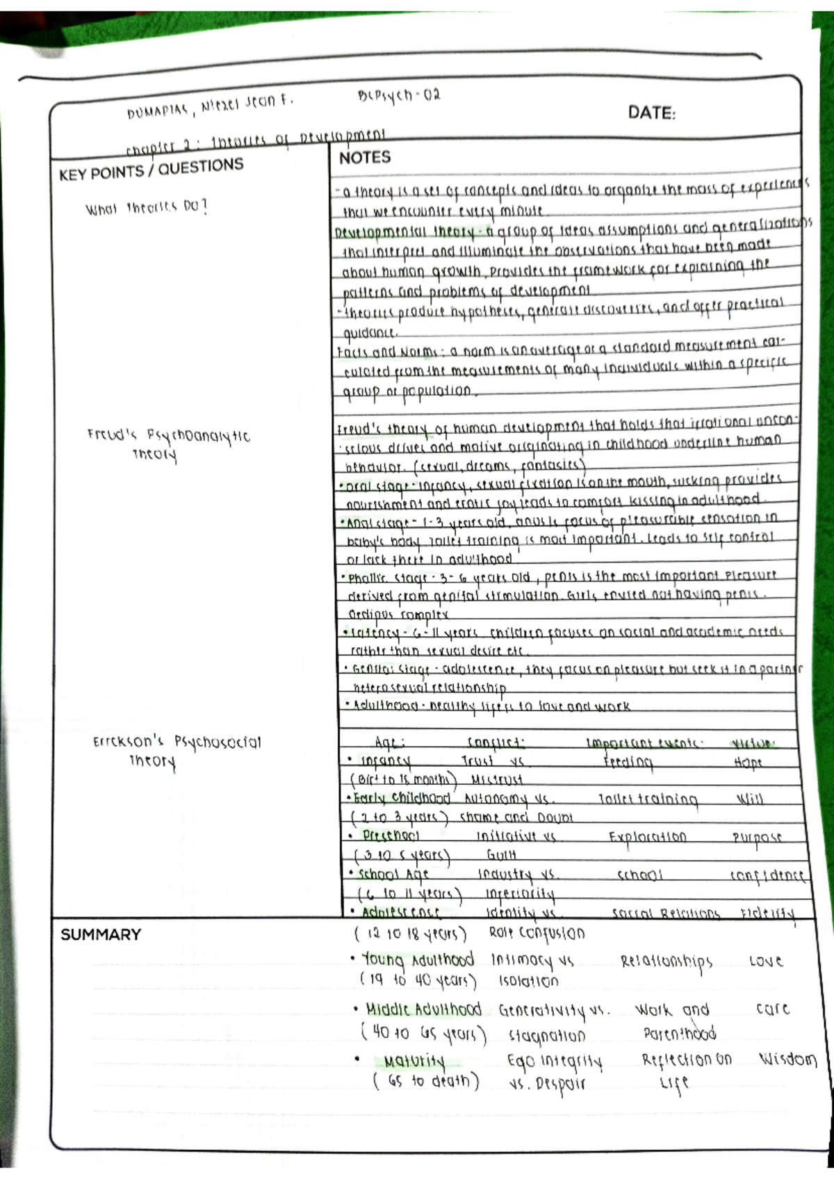 psychosocial by erikson - DUMAPIAS, Niezel Jean t. BCPsych 02 DATE: chapter 2: incorres of - Studocu
