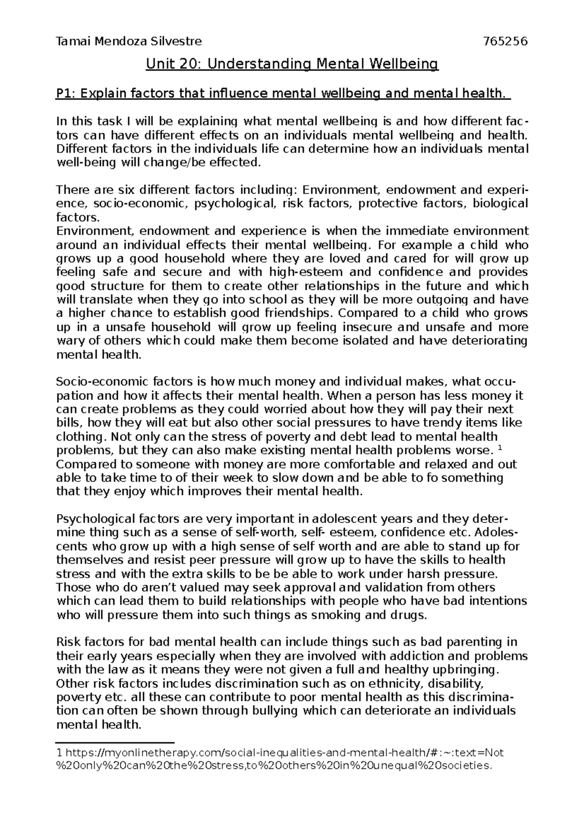 UNIT 20 - unit 20 coursework - Unit 20: Understanding Mental Wellbeing ...