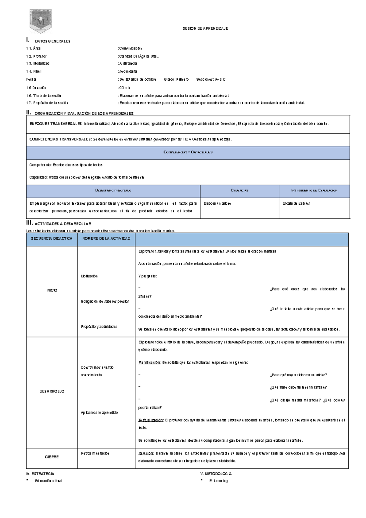 Sesión 2 Elaboramos UN Afiche - SESION DE APRENDIZAJE I. DATOS GENERALES 1. Área : Comunicación ...