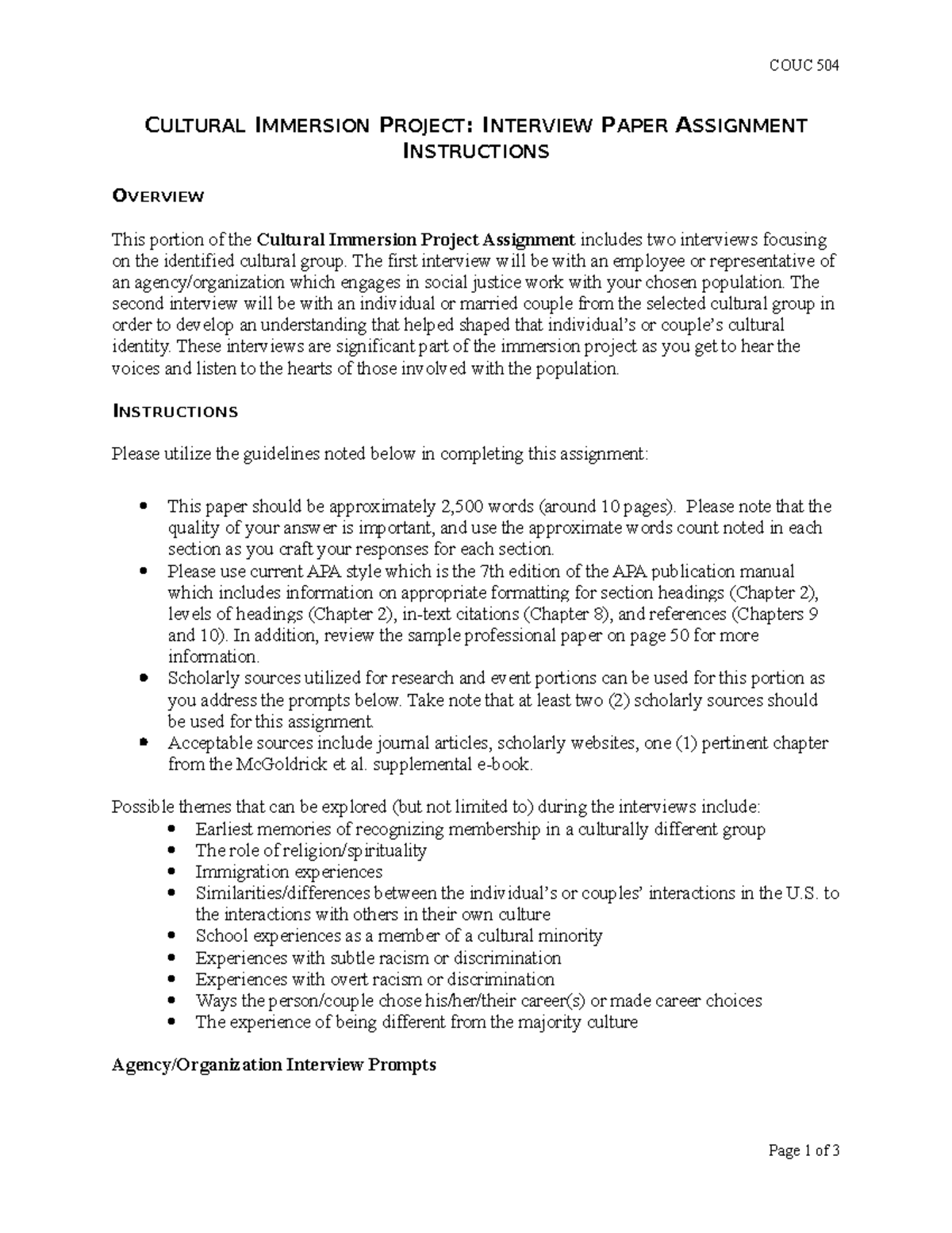 Cultural Immersion Project Interview Paper Assignment Instructions ...