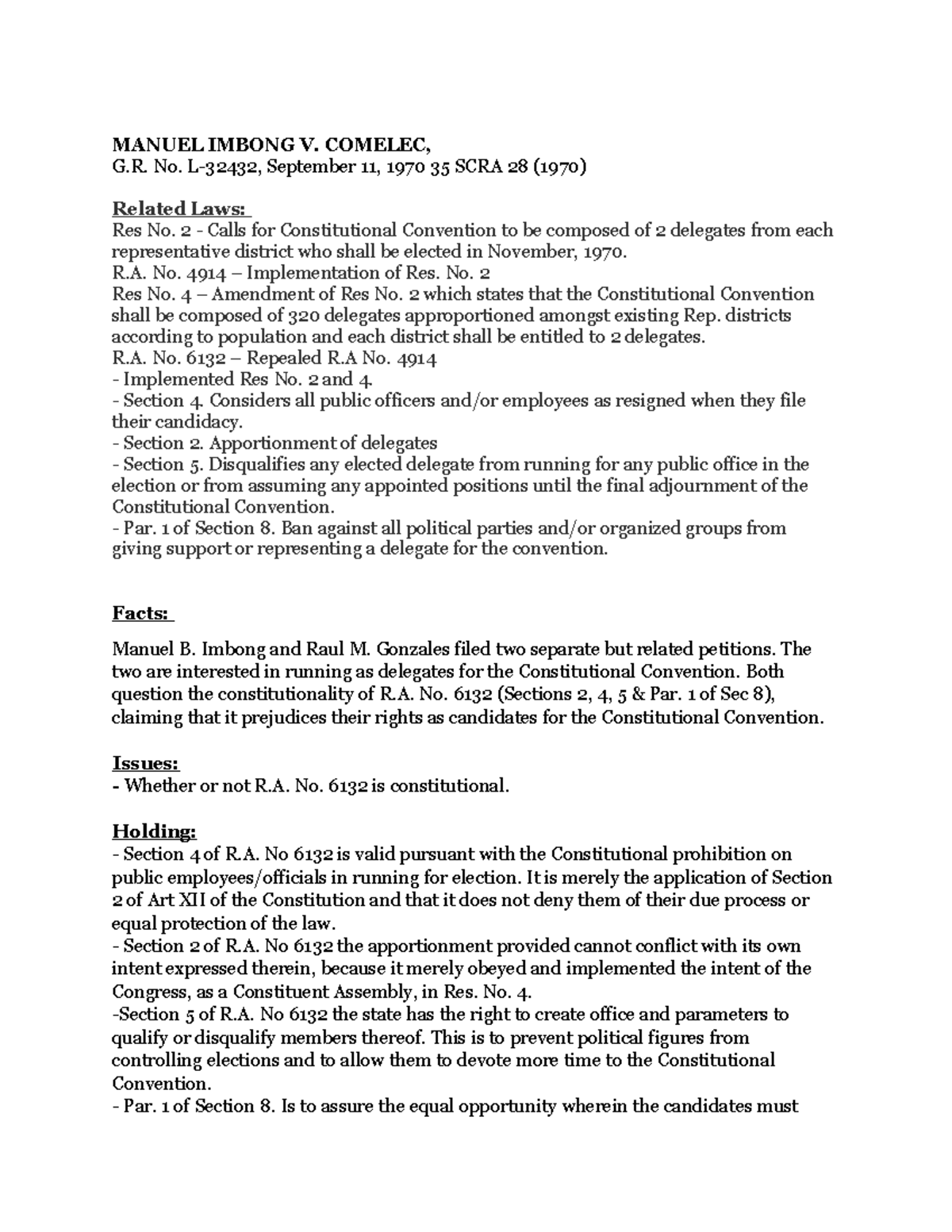 Imbong v Comelec Case Brief - MANUEL IMBONG V. COMELEC, G. No. L-32432 ...