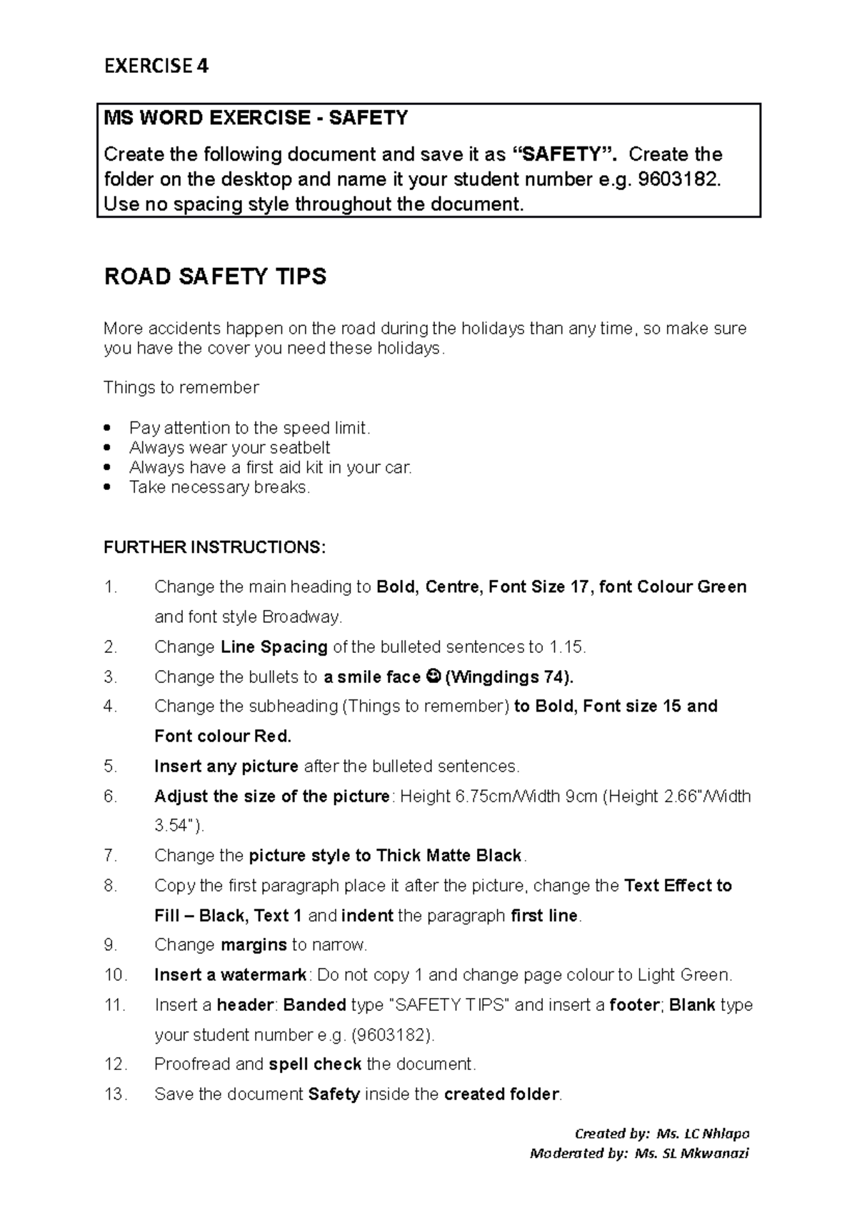 Exercise 4 - Safety - Excersise 4 For ICT Skills I - EXERCISE 4 MS WORD ...
