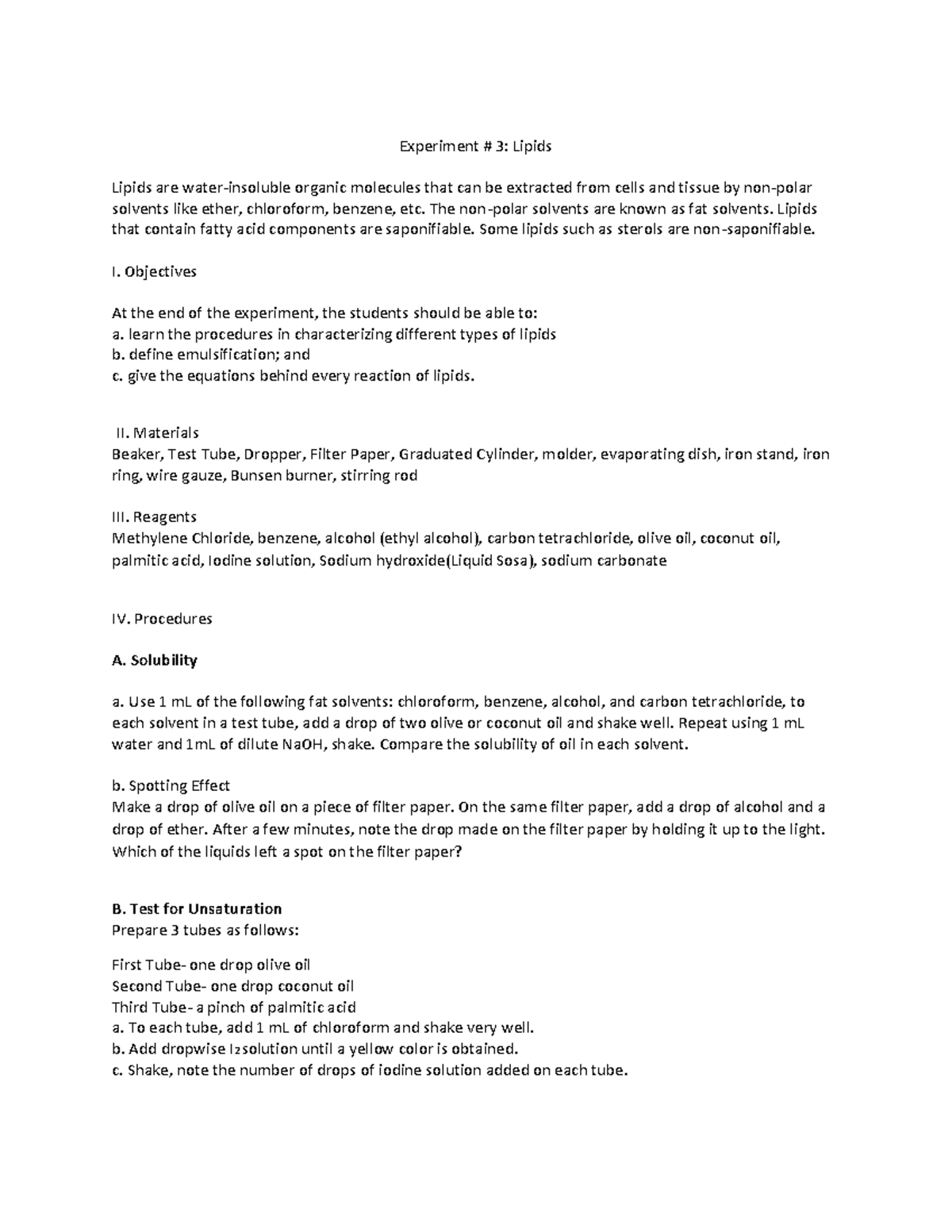 Lipids Guide - Experiment # 3: Lipids Lipids are water-insoluble ...