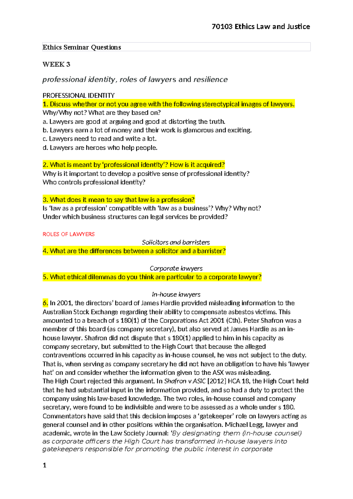 Ethics Seminar Questions - 70103 Ethics Law and Justice Ethics Seminar ...