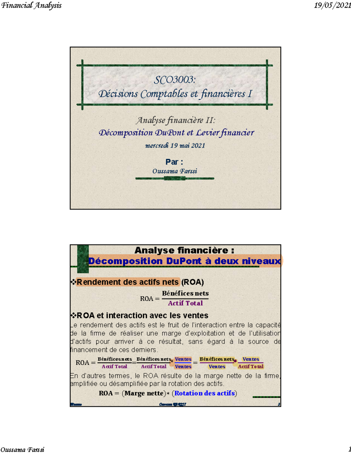 Cours 3 - Decomposititon dupont et levier financier - Analyse ...