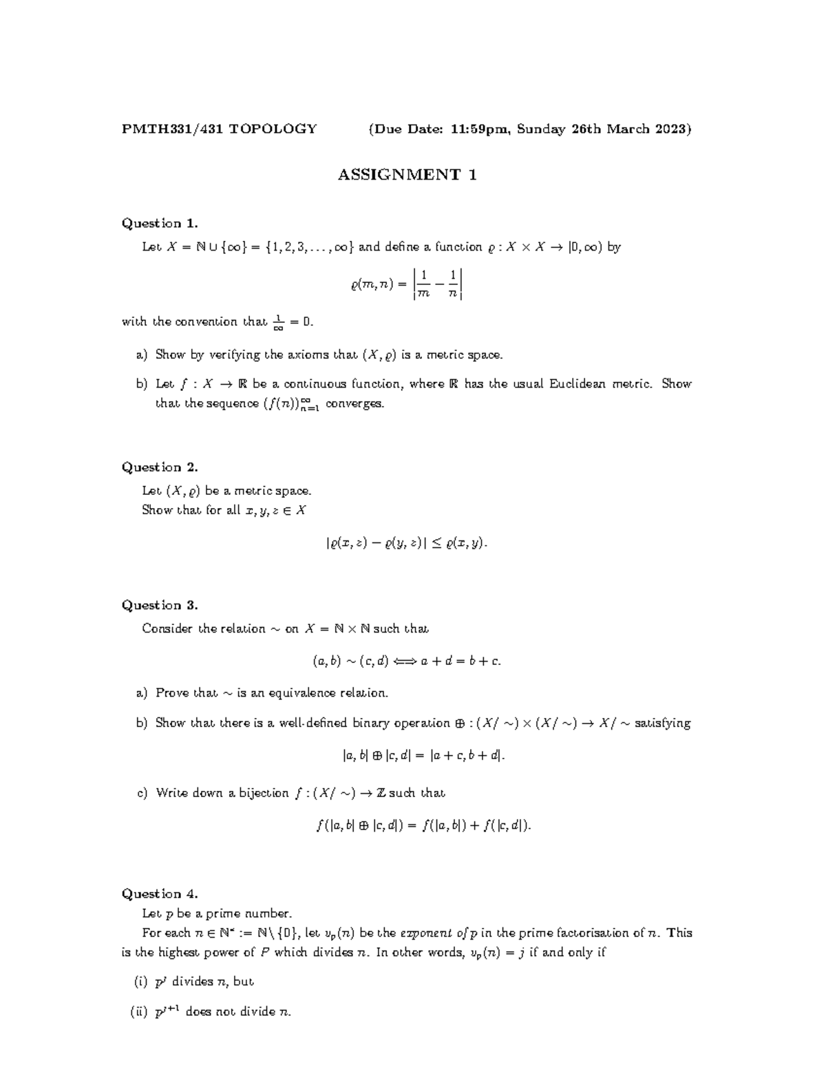 PMTH331 Assignment 1 - University content - PMTH331/431 TOPOLOGY (Due Date: 11:59pm, Sunday 26th ...