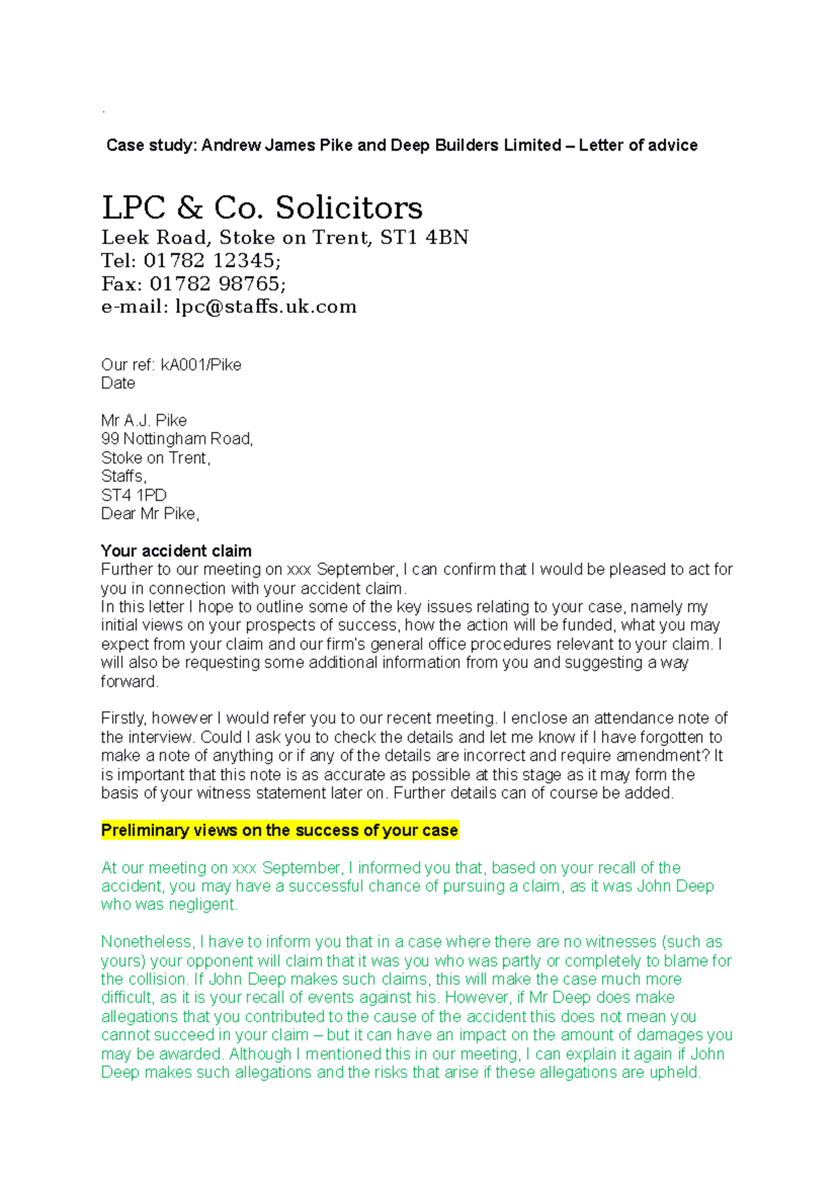 Draft letter andrew - civil litigation - . Case study: Andrew James ...