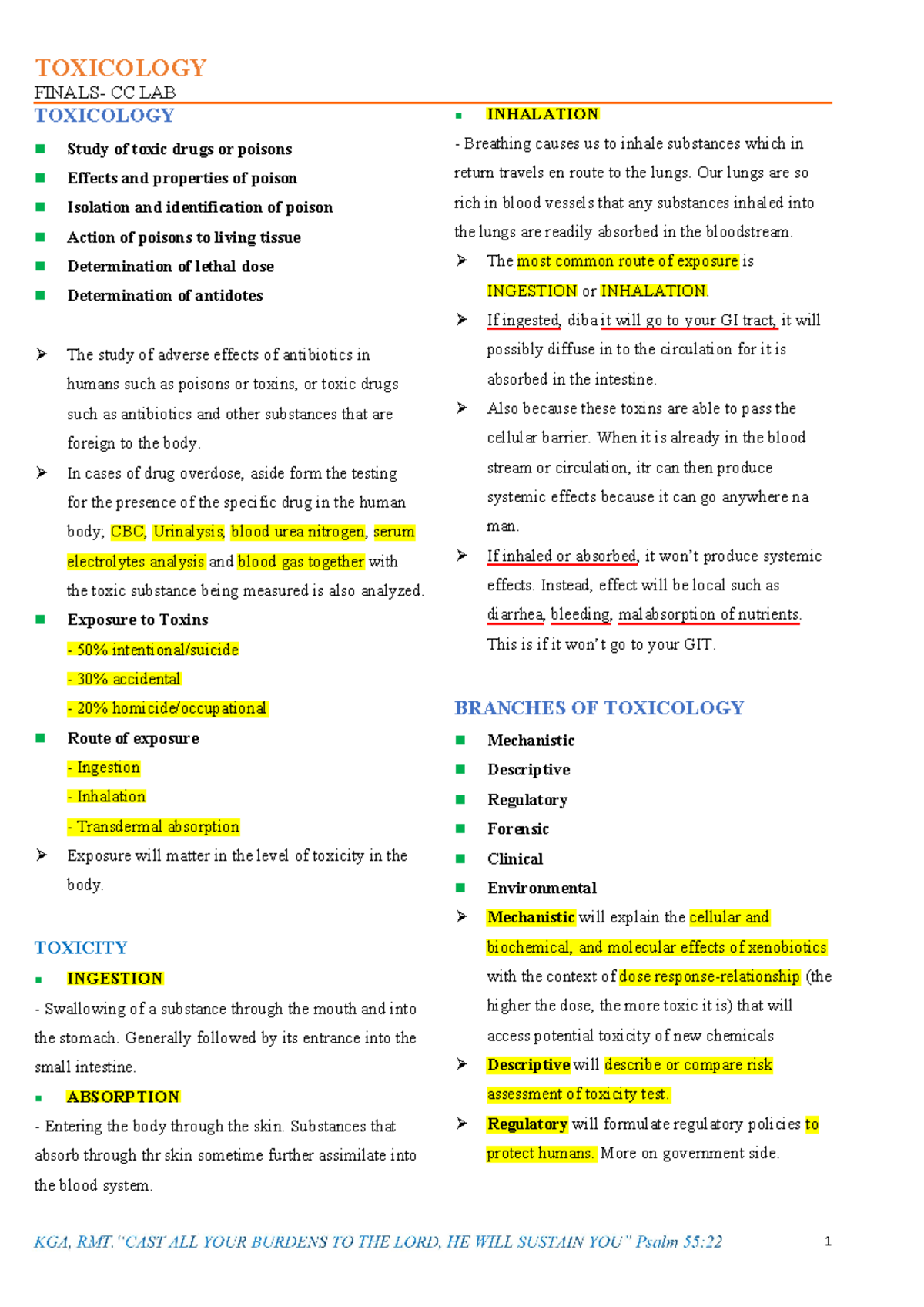 CC-LAB Toxicology - FINALS- CC LAB TOXICOLOGY Study of toxic drugs or ...