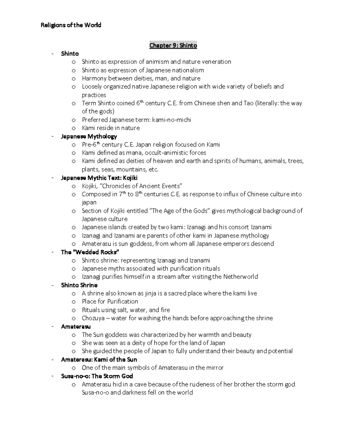 Religions of the World Notes Chapter 9 - Chapter 9 : Shinto Shinto o ...