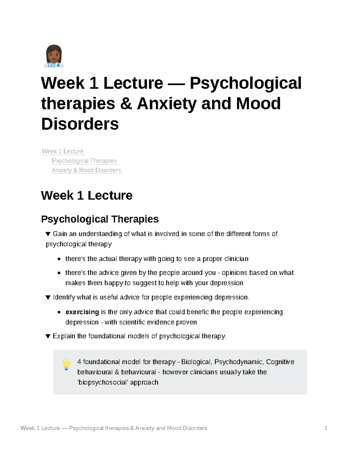 Week 1 Lecture Psychological therapies Anxiety and Mood Disorders ...