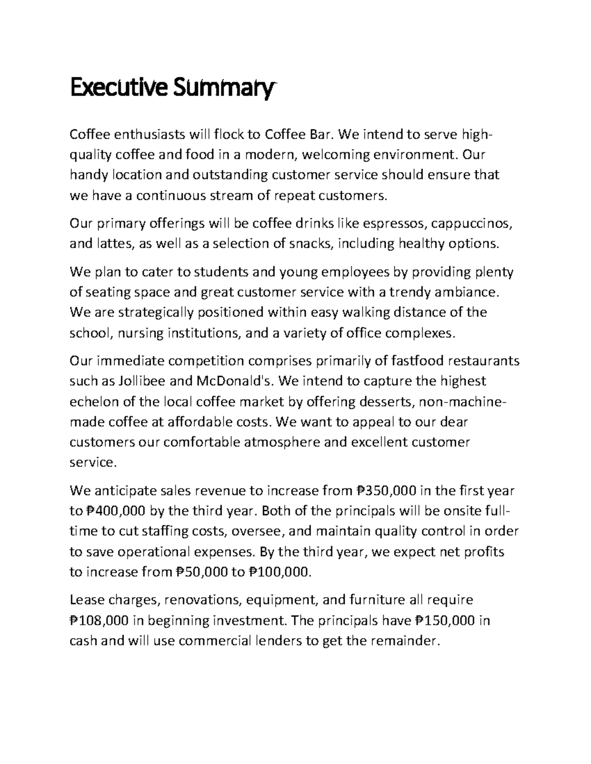Coffee Bar Business Plan Executive Summary Coffee Enthusiasts Will