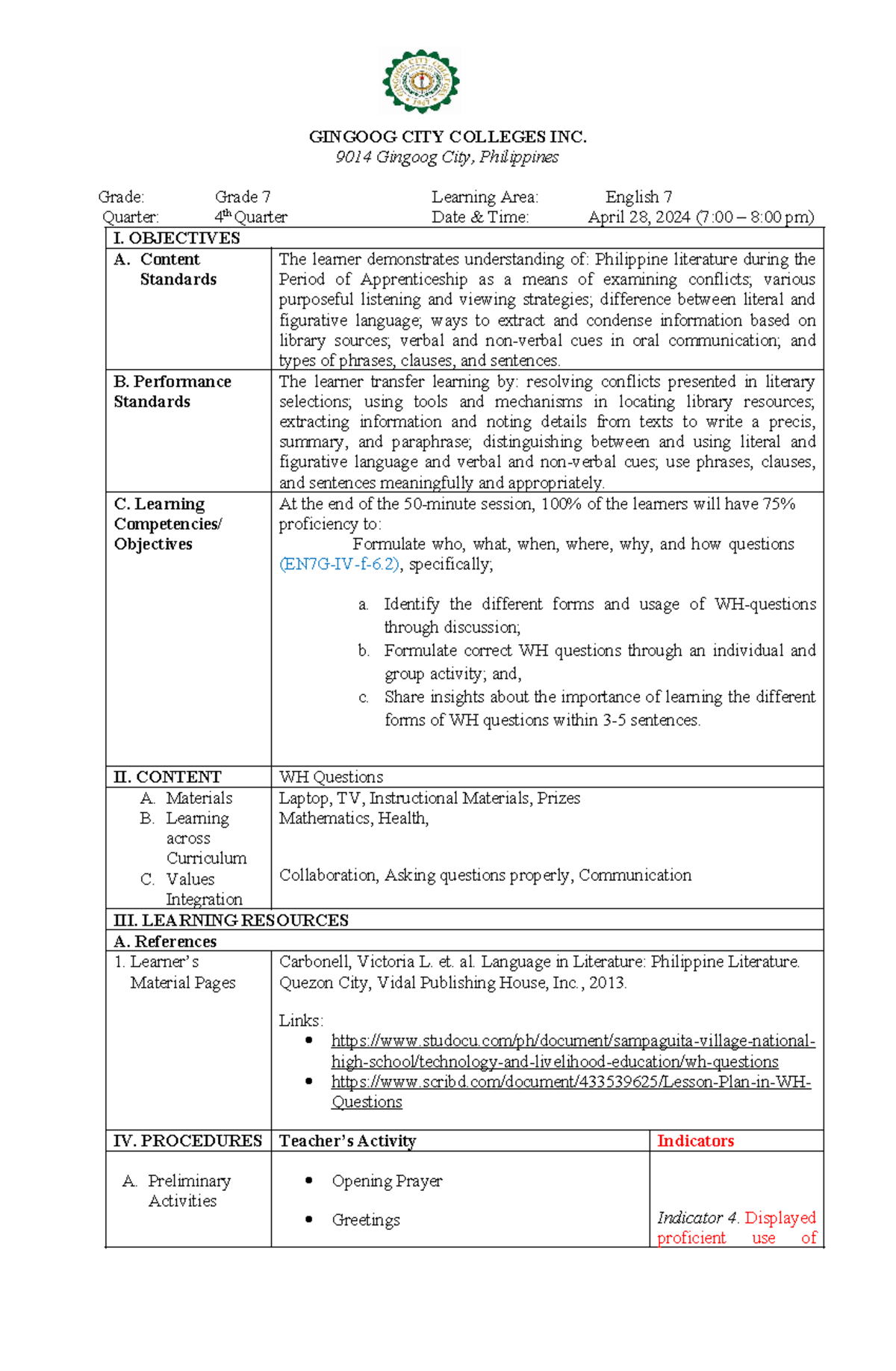 Lesson Plan Grade 7 (WH Questions) - GINGOOG CITY COLLEGES INC. 9014 ...