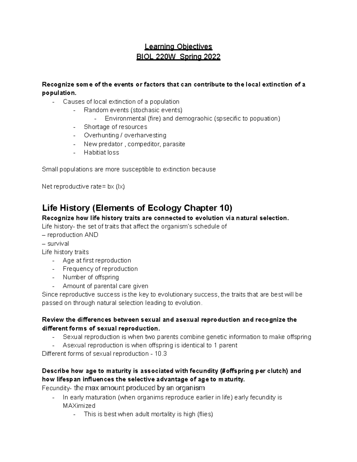 1Life History (Elements of Ecology Chapter 10) Learning Objectives - Google Docs - Learning ...