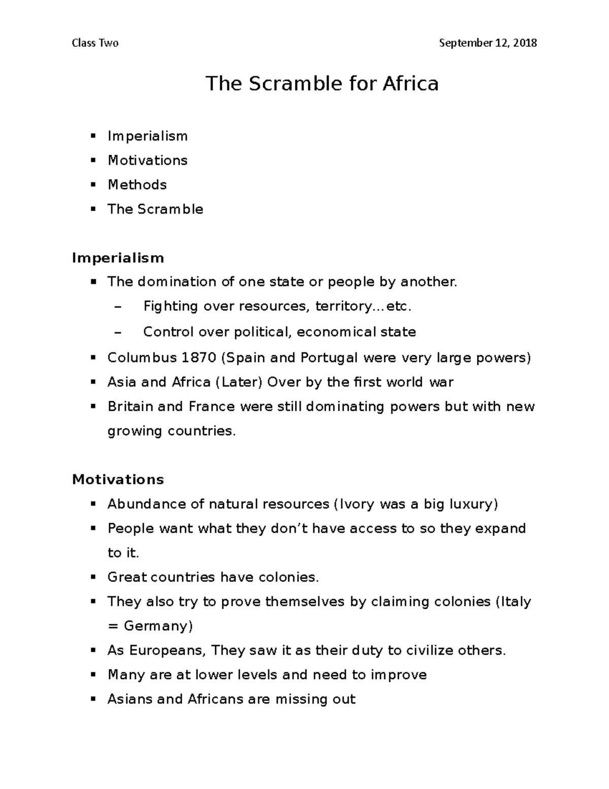 The Scramble for Africa - Class Two September 12, 2018 The Scramble for ...