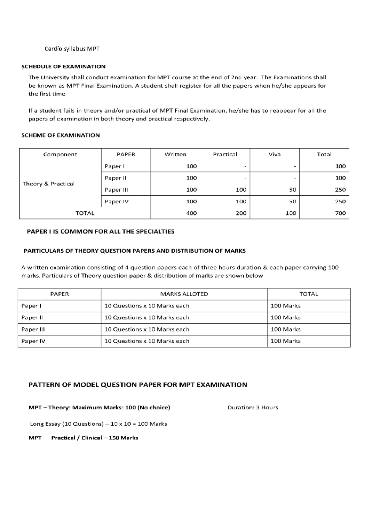 Cardio MPT syllabus - Physiotherapy - Cardio syllabus MPT - Studocu