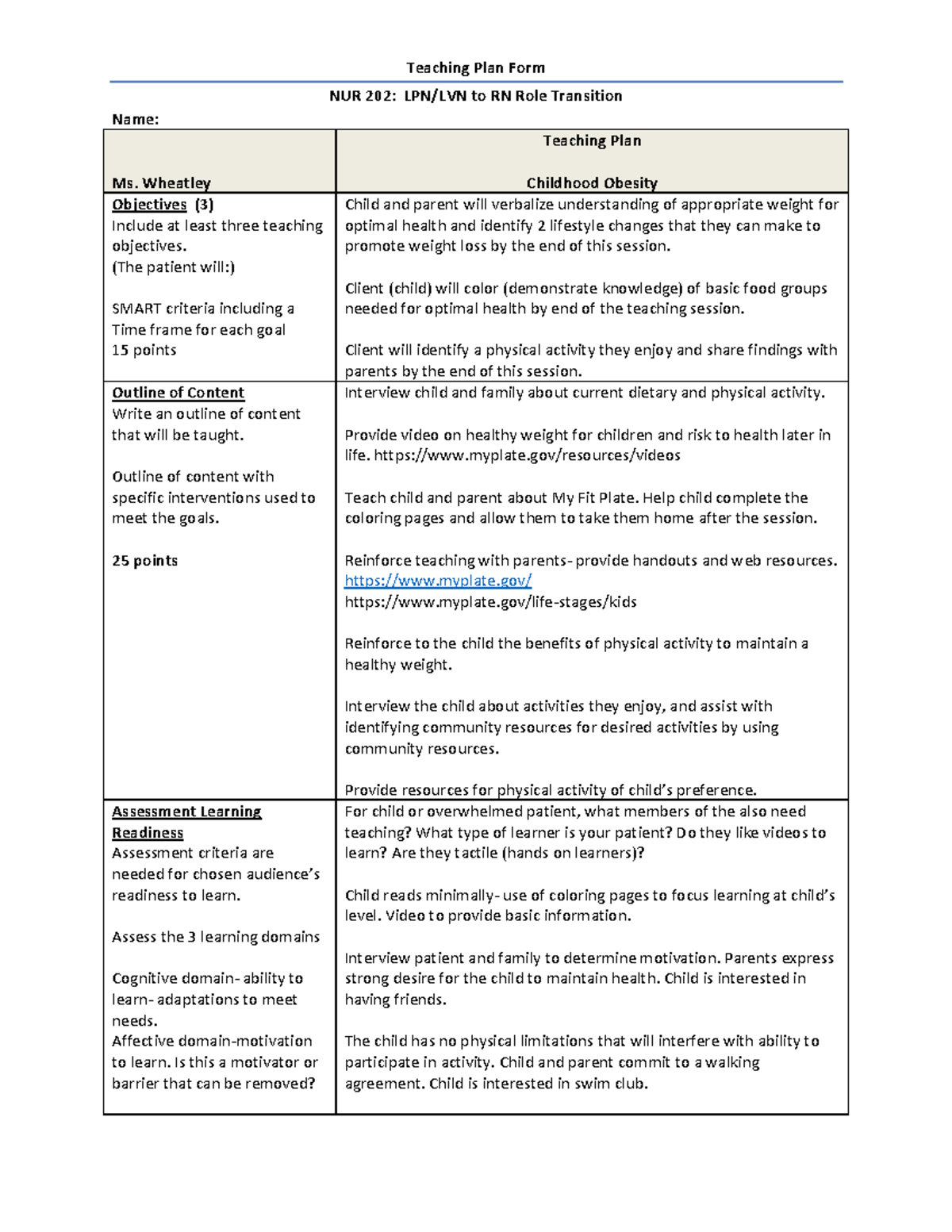 Teaching Plan Form Obesity for Child Intervention - Teaching Plan Form ...