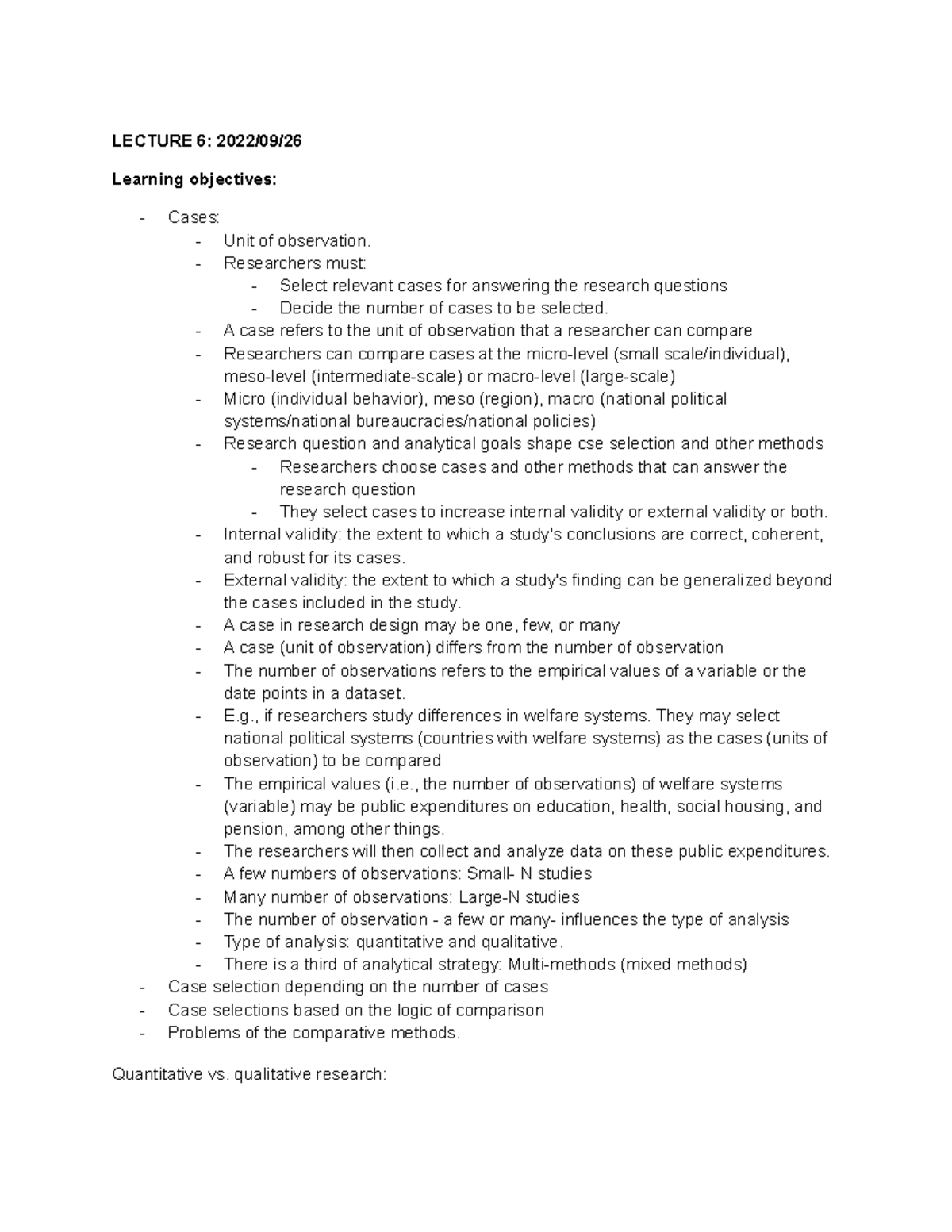 Poli 203, lecture 6, part 1 - LECTURE 6: 2022/09/ Learning objectives: Cases: Unit of ...