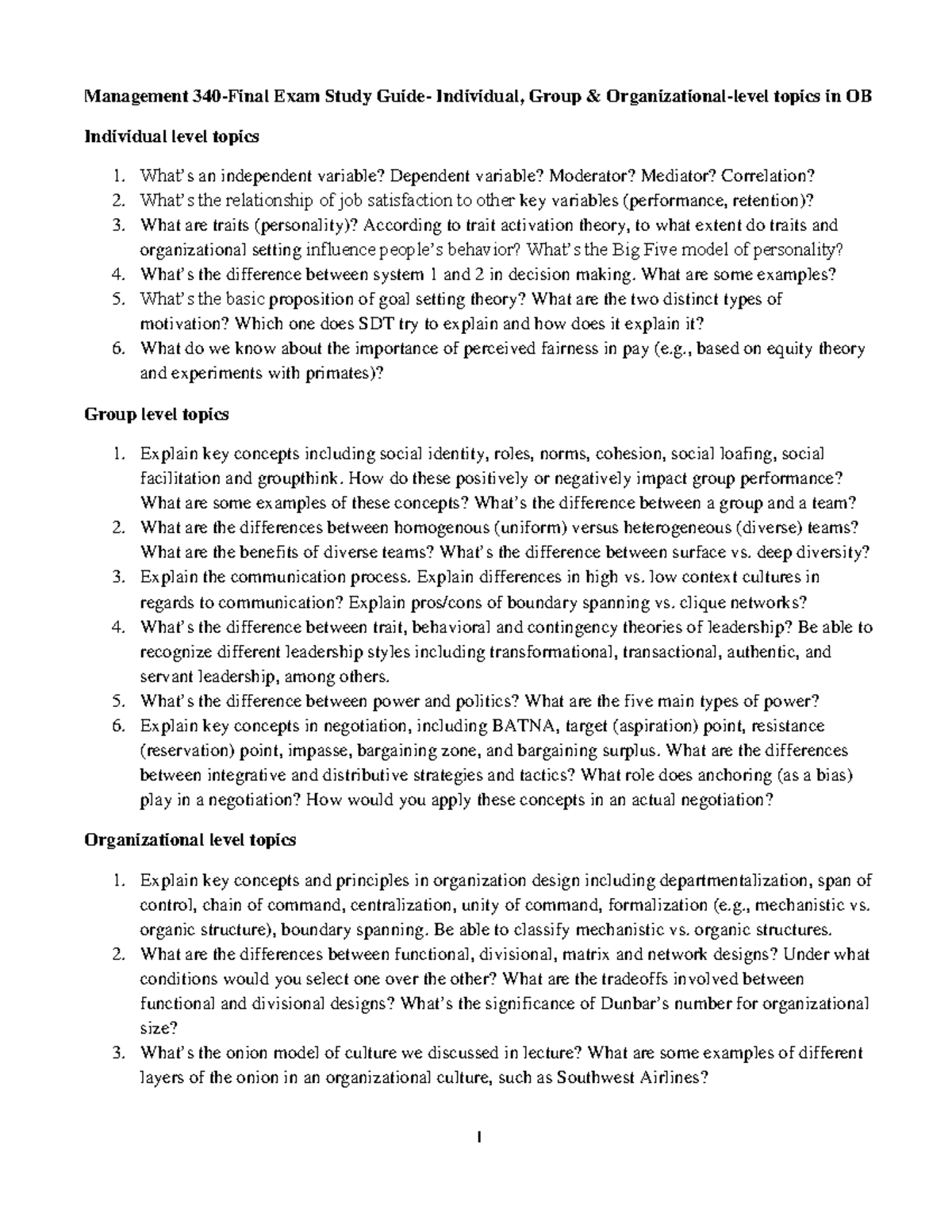 Exam 3 study guide - 1 Management 340-Final Exam Study Guide ...