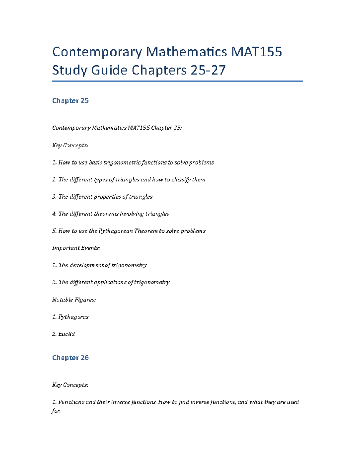 Contemporary Mathematics MAT155 Study Guide Chapters 25-27 ...