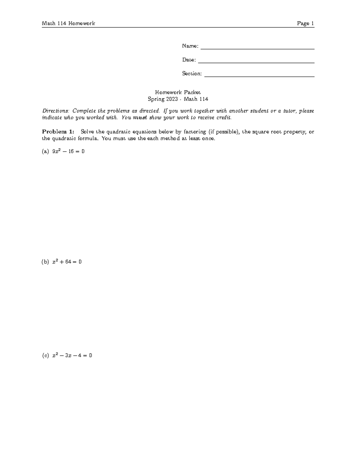 Math 114 Homework Packet+%281%29 - Name: Date: Section: Spring 2023 ...