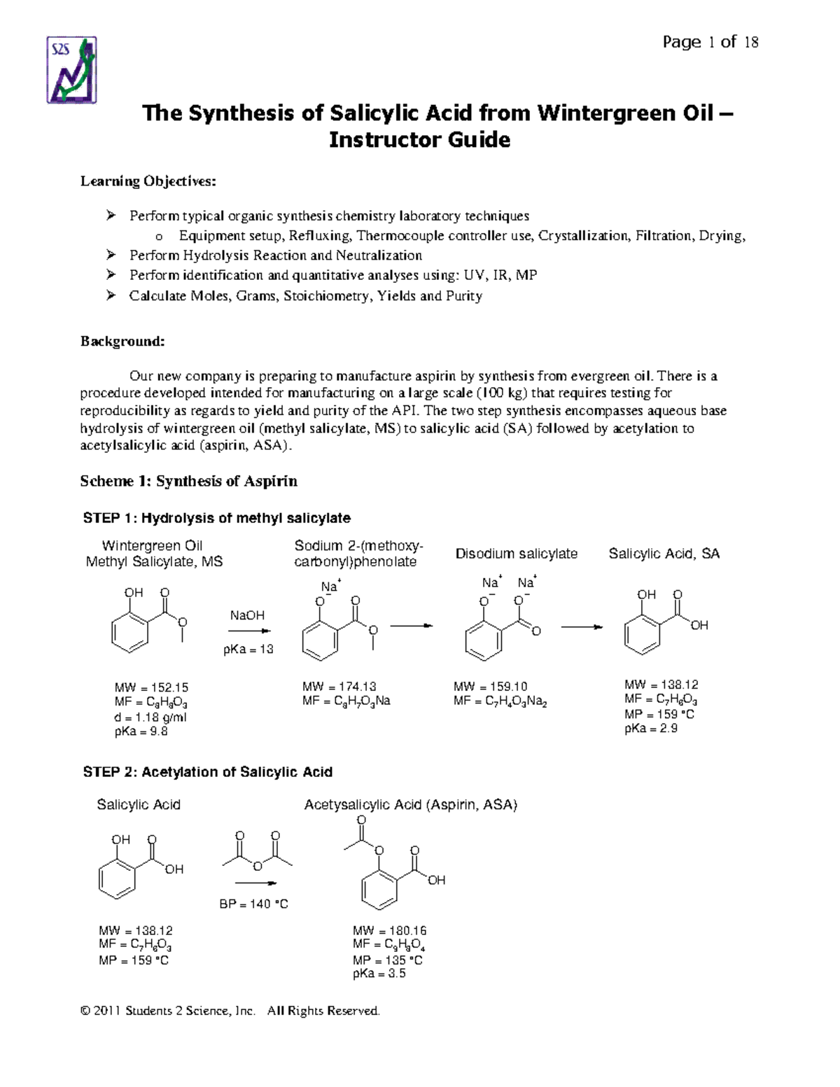 Salysylic Acid Synthesis Instructor Guide - The Synthesis of Salicylic ...