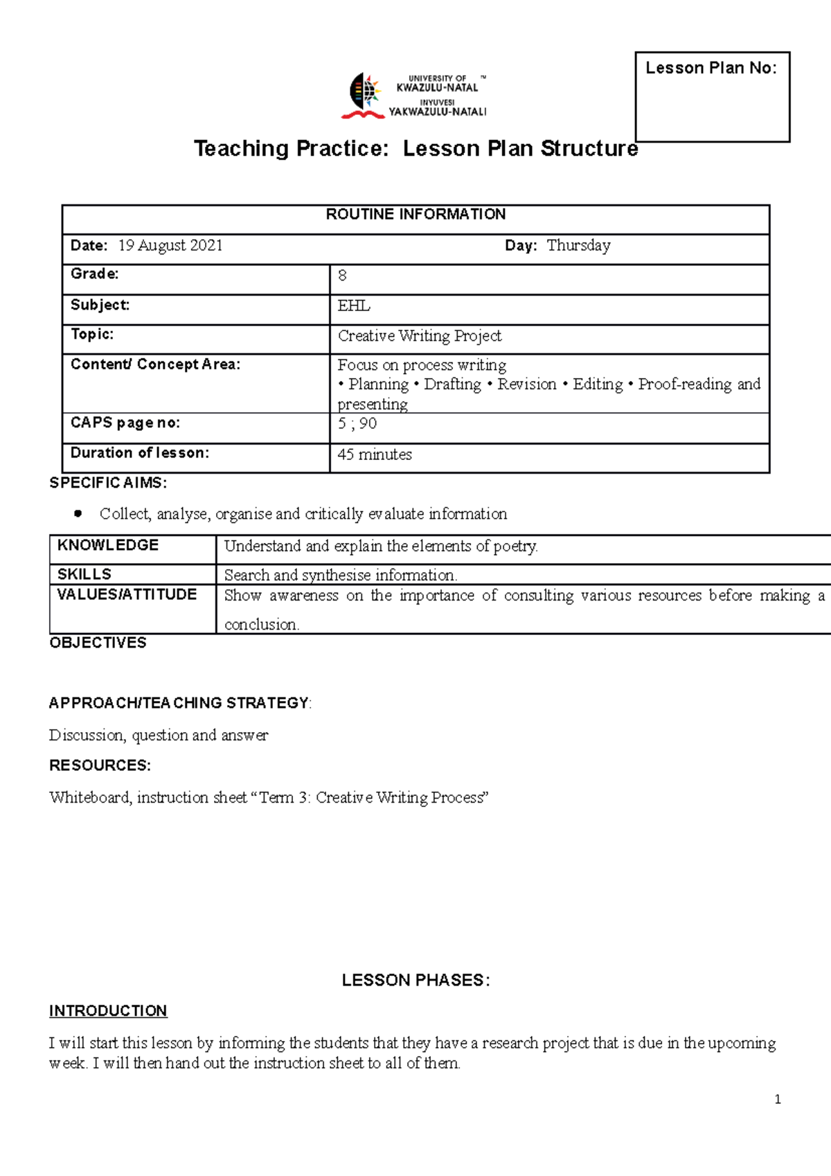 Grade 8 Eng Lesson plan - Teaching Practice: Lesson Plan Structure ...