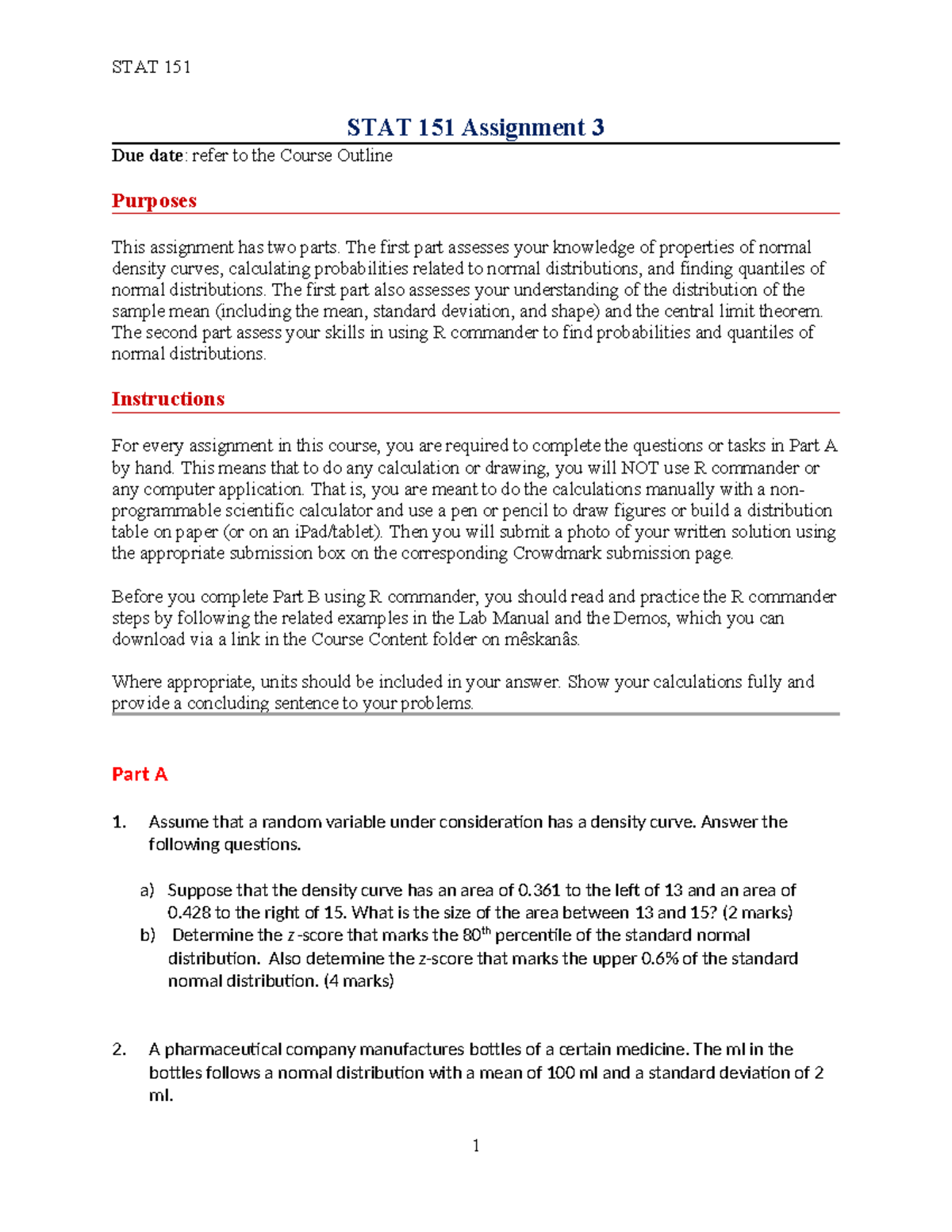 Assignment 3 Winter 2024 V6 - STAT 151 Assignment 3 Due date: refer to the Course Outline ...