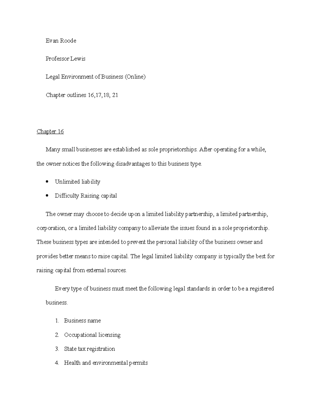 Legal outlines chp 16,17,18,21 - Evan Roode Professor Lewis Legal ...