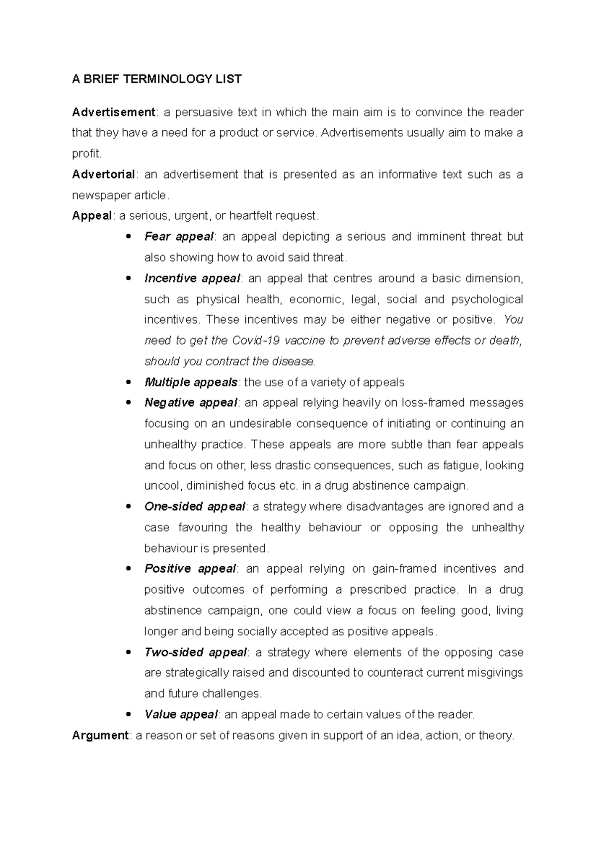 Glossary - English - A BRIEF TERMINOLOGY LIST Advertisement: a ...