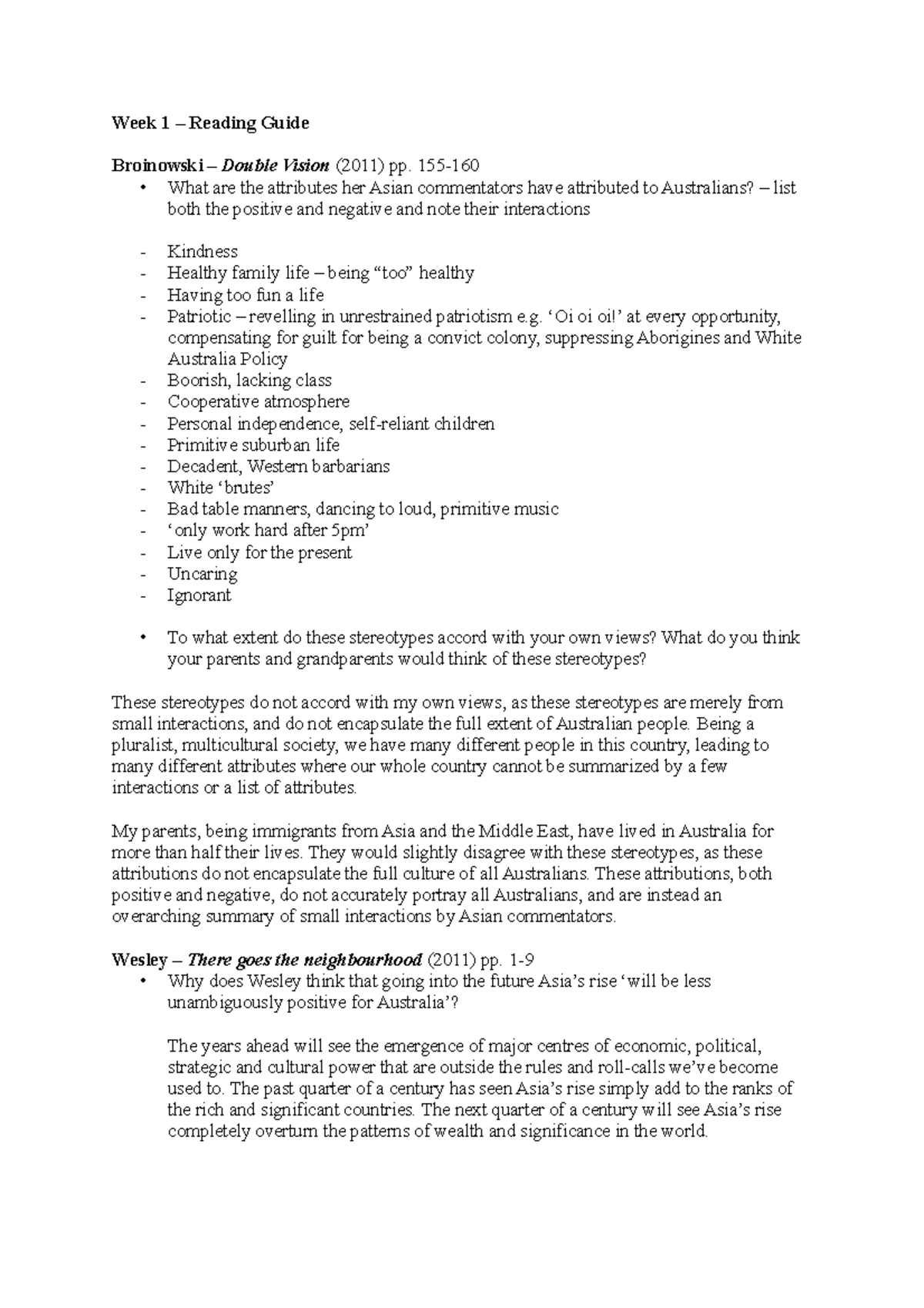 Week 1 Reading Guide 2021 - Week 1 – Reading Guide Broinowski – Double Vision (2011) pp. 155 ...