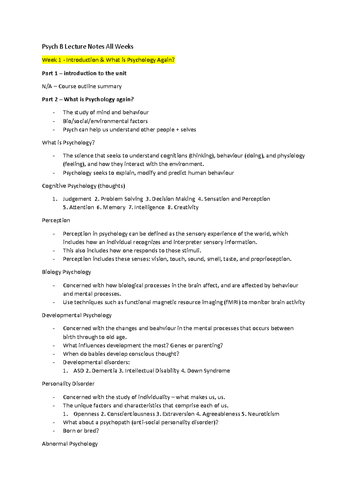 Intro to Psych B Lecture Notes - Psych B Lecture Notes All Weeks Week 1 ...