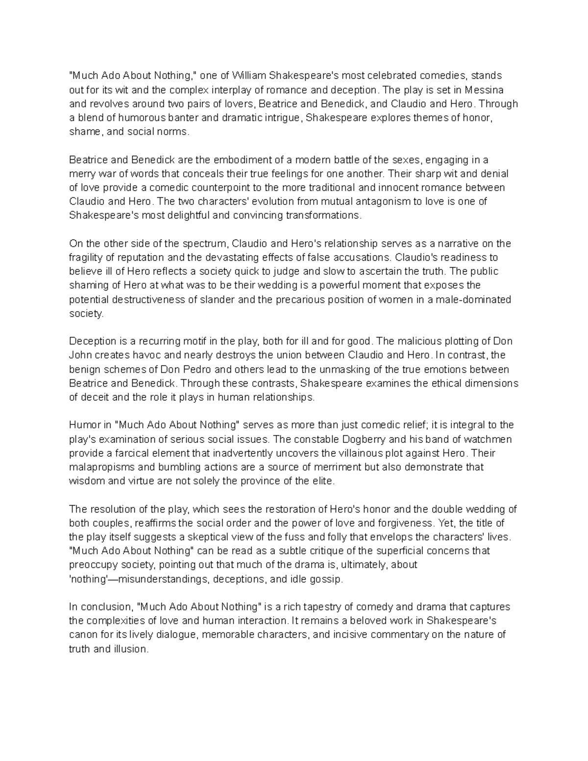 Essay 4-4 - "Much Ado About Nothing," one of William Shakespeare's most ...
