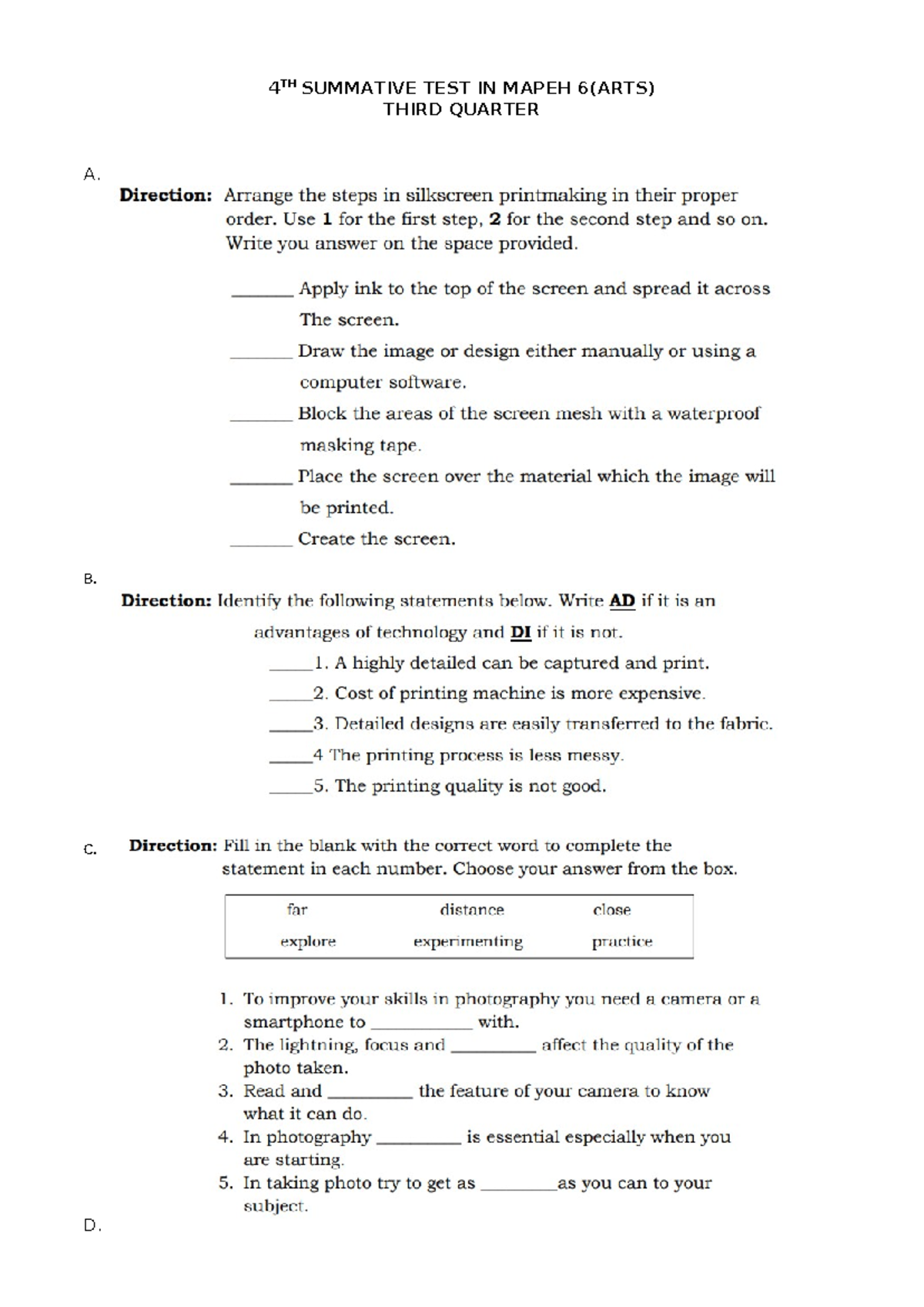 ARTS #4 - Sample Summative Test - Bachelor of Elementary Education - 4 ...