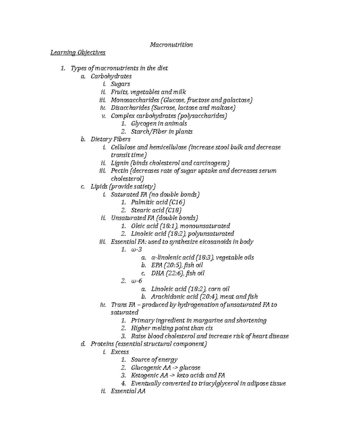 Macronutrition - Learning Objectives - Types of macronutrients in the ...