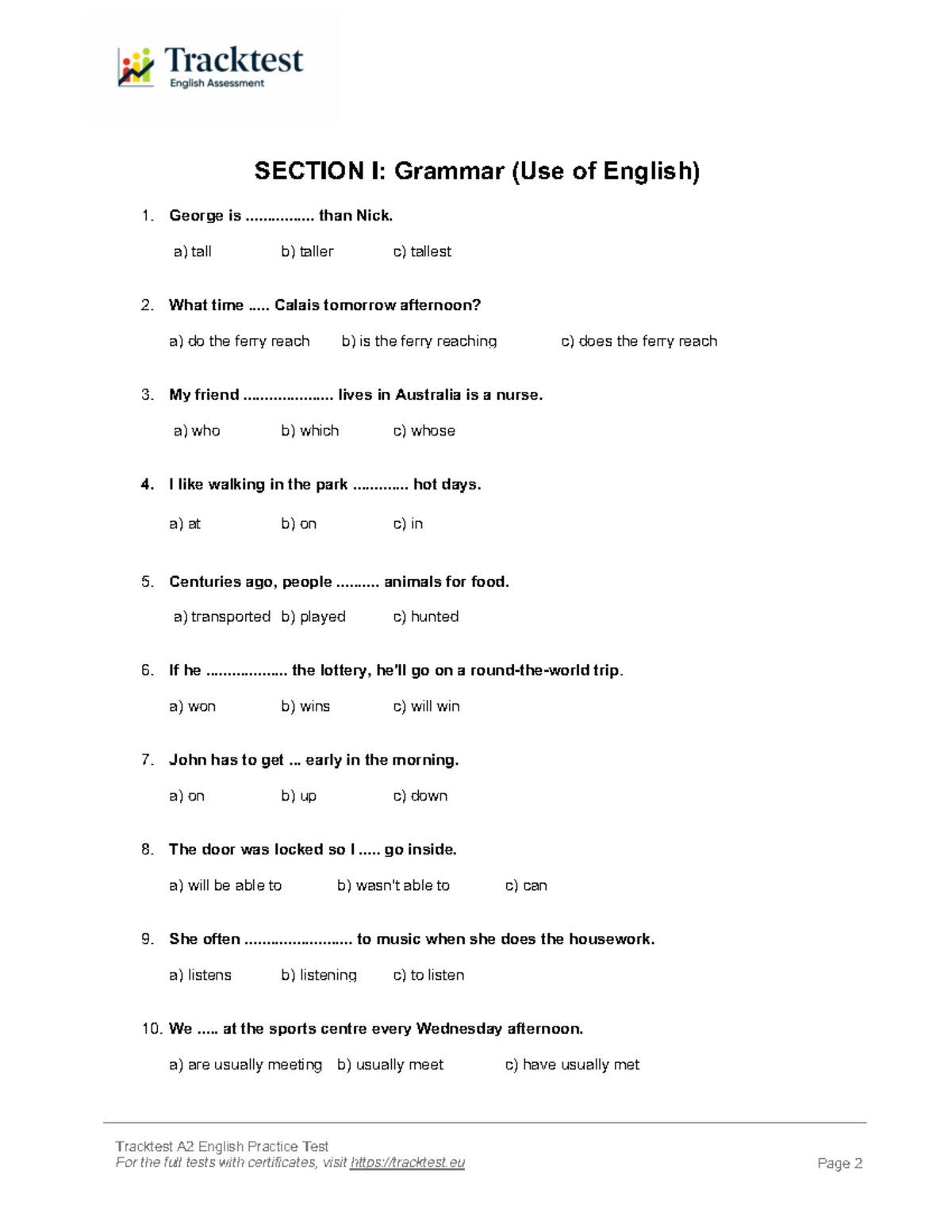 A2-English-test-with-answers - Tracktest A2 English Practice Test For ...