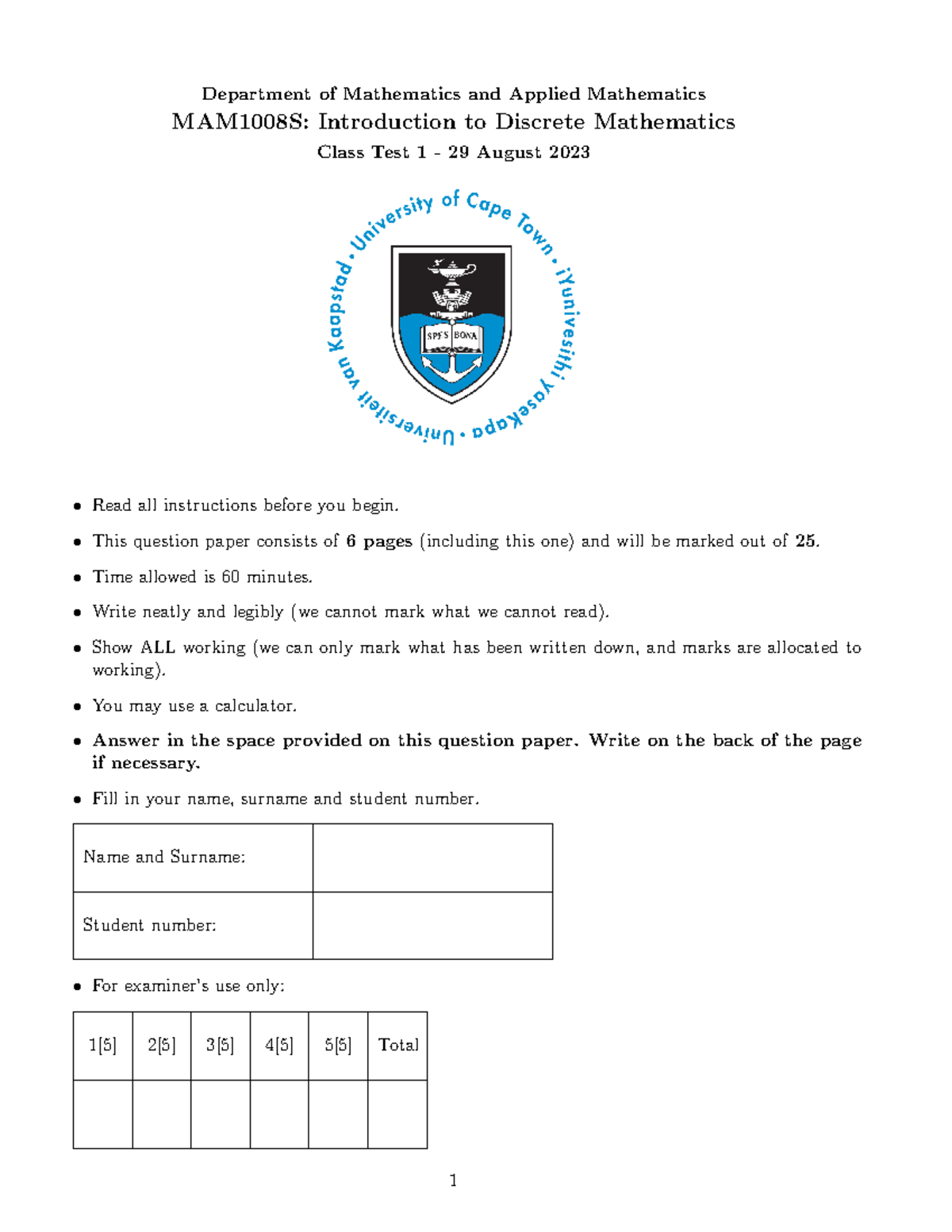 MAM1008 Class test 1 question paper - 2023 - Department of Mathematics ...