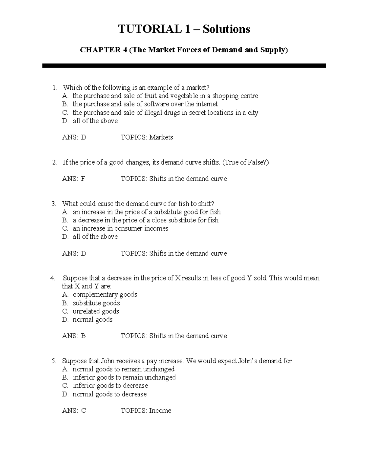 Tutorial 1 Solutions - TUTORIAL 1 – Solutions CHAPTER 4 (The Market ...