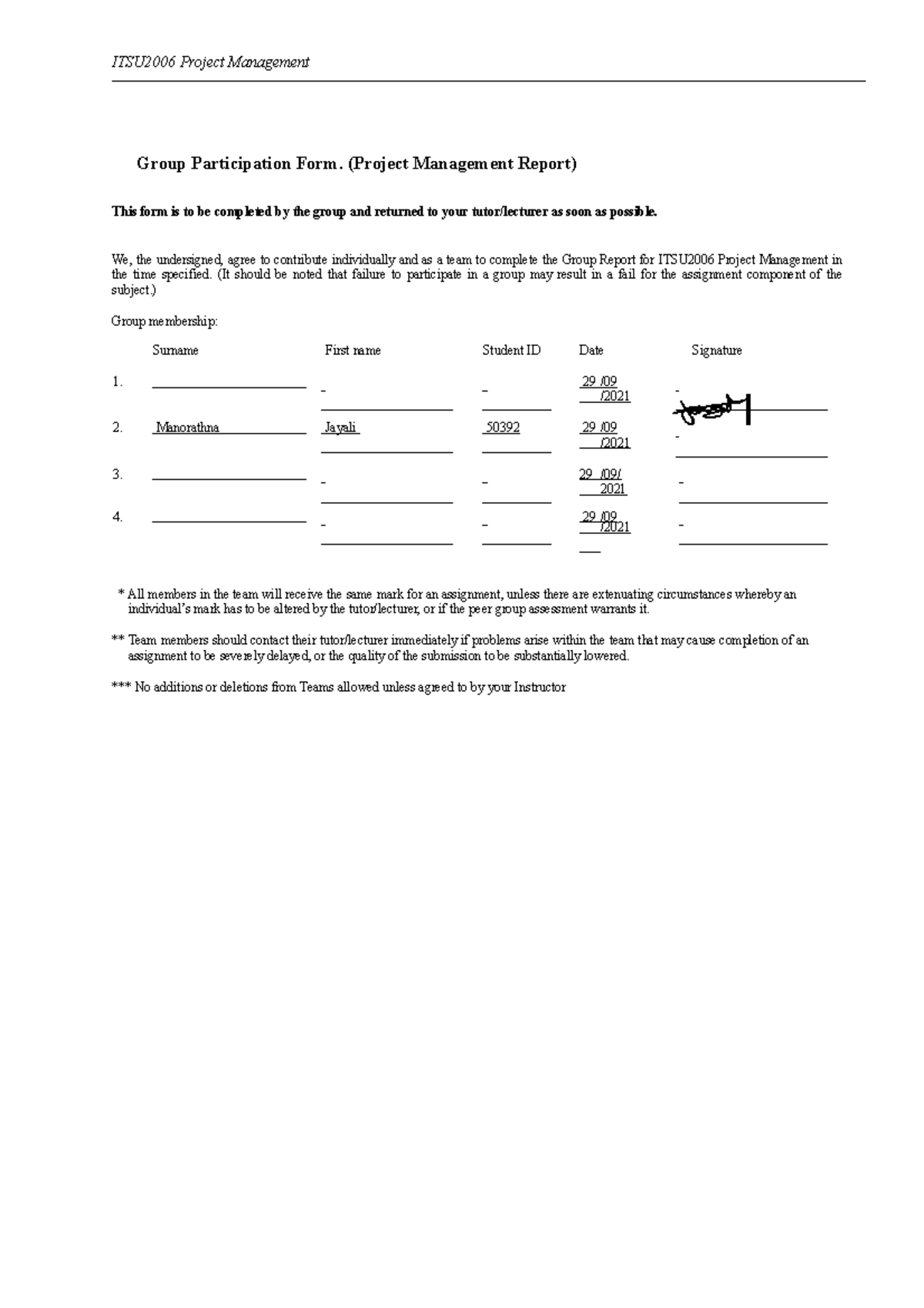 Group Participation form- Project Management - ITSU2006 Project ...