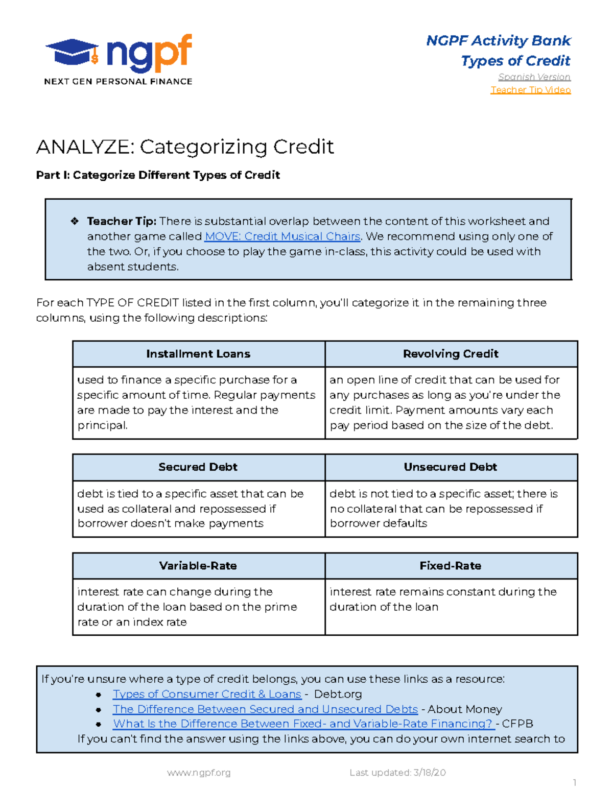 Analyze Categorizing Credit - NGPF Activity Bank Types of Credit ...