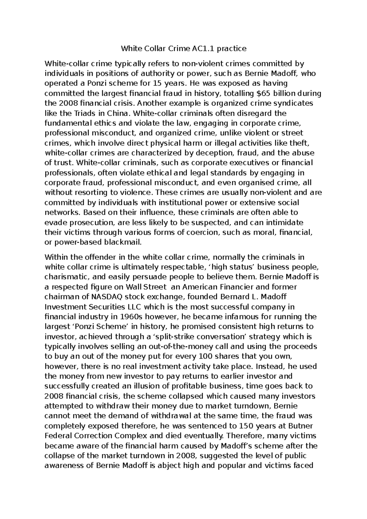 Criminology White Collar Crime - White Collar Crime AC1 practice White ...