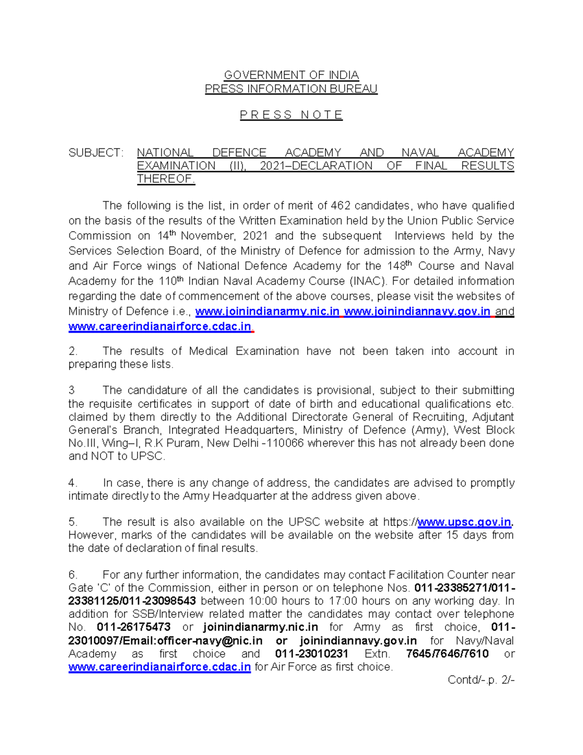 Final Res Press Note NDA II 2021 140622 eng - GOVERNMENT OF INDIA PRESS ...