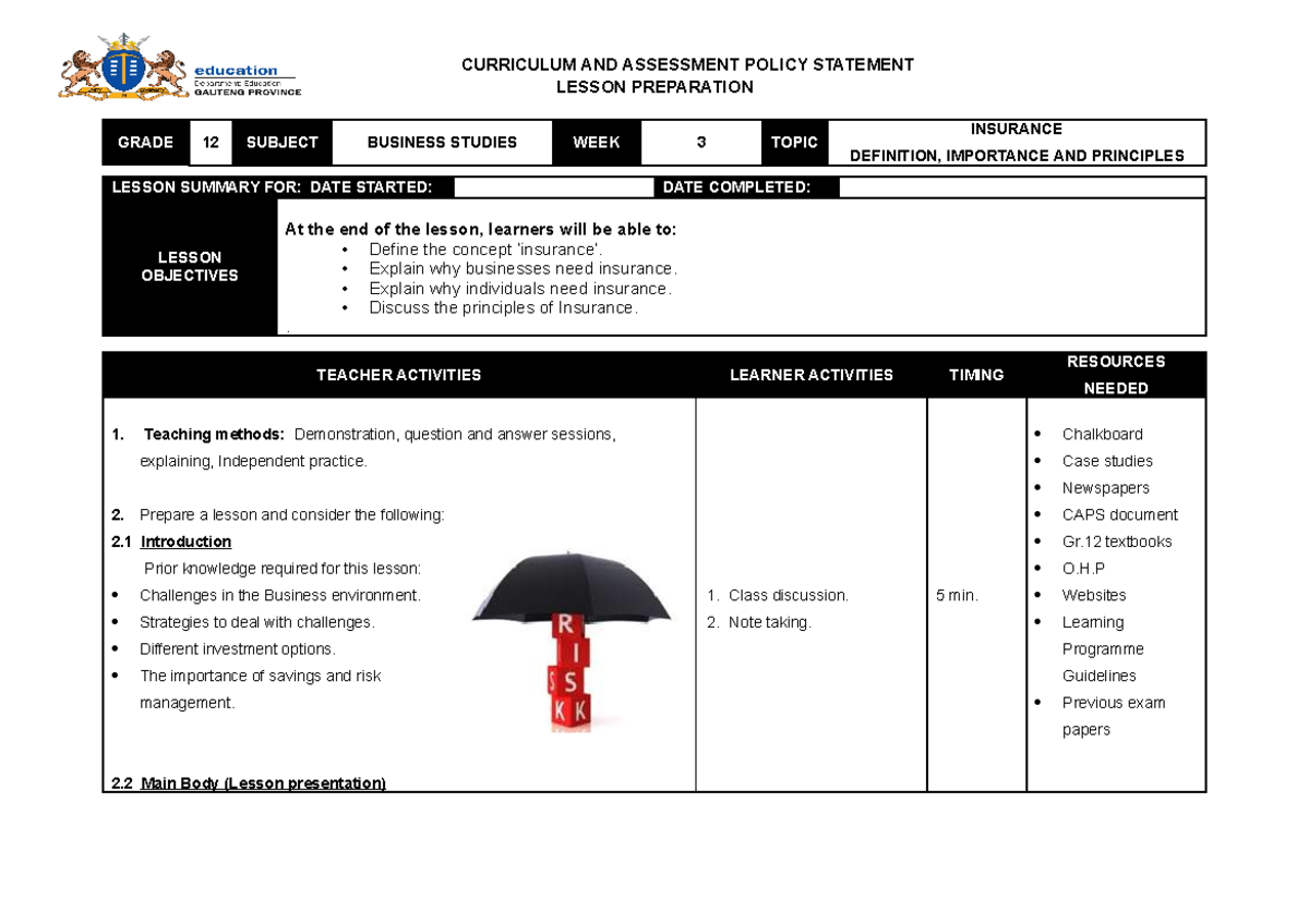 GR12 LP11 - Insurance ( Definition, Importance AND Principles - LESSON ...